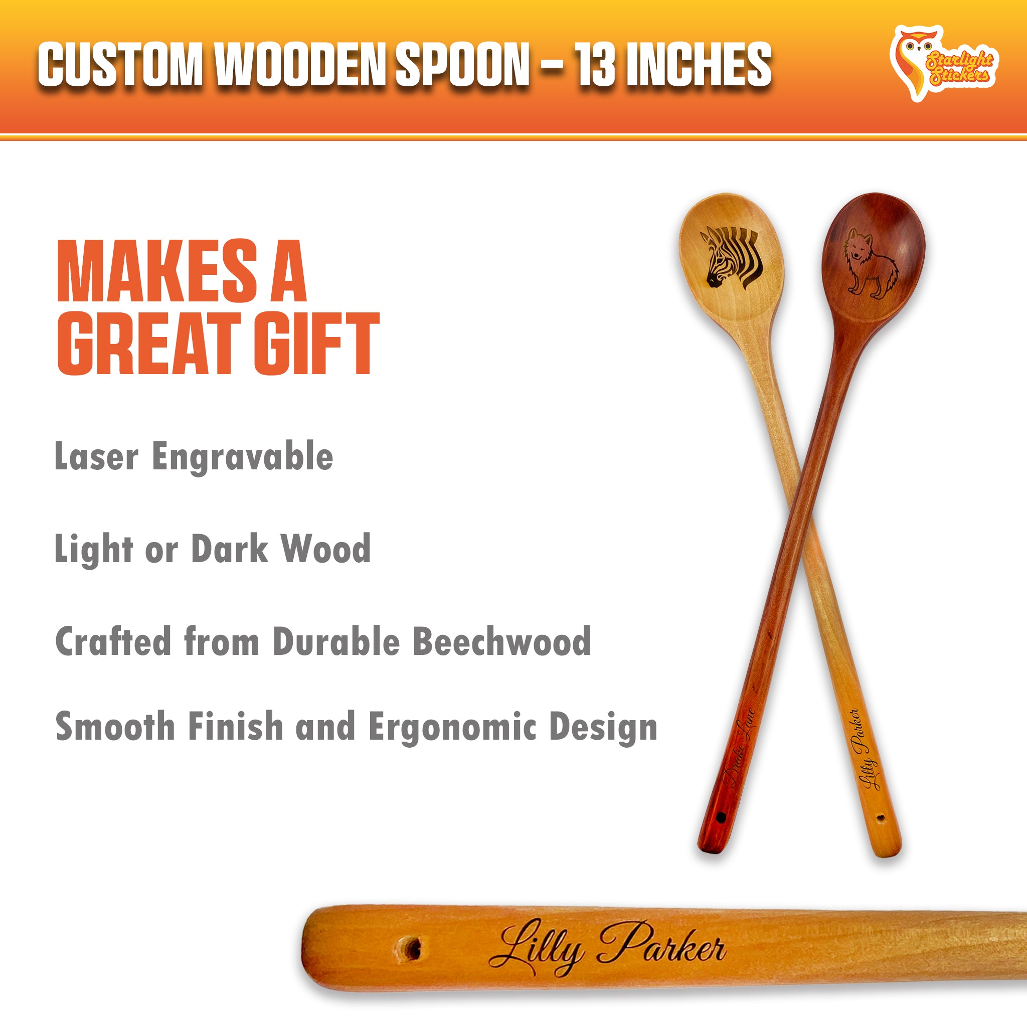 Custom Wooden Spoon, 13" Long, Laser Engraved - Dark or Light Wood ...